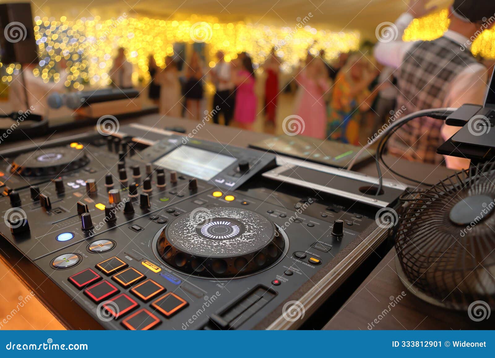 DJ Table Mixer Closeup during the Event or Wedding Party and Dancing ...