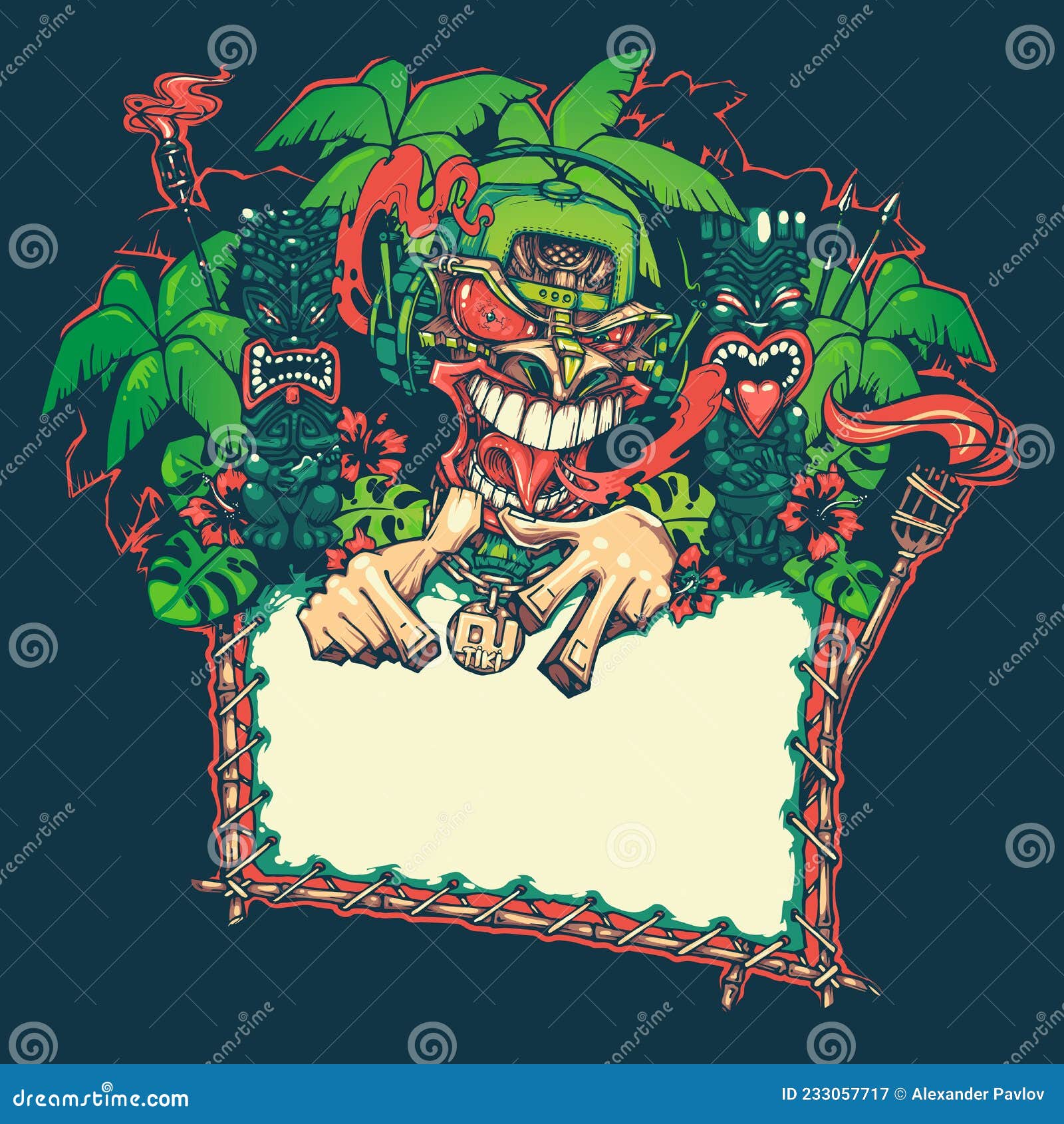 DJ Tiki with Headphones on the Background of Tiki and Palm Trees. Frame ...