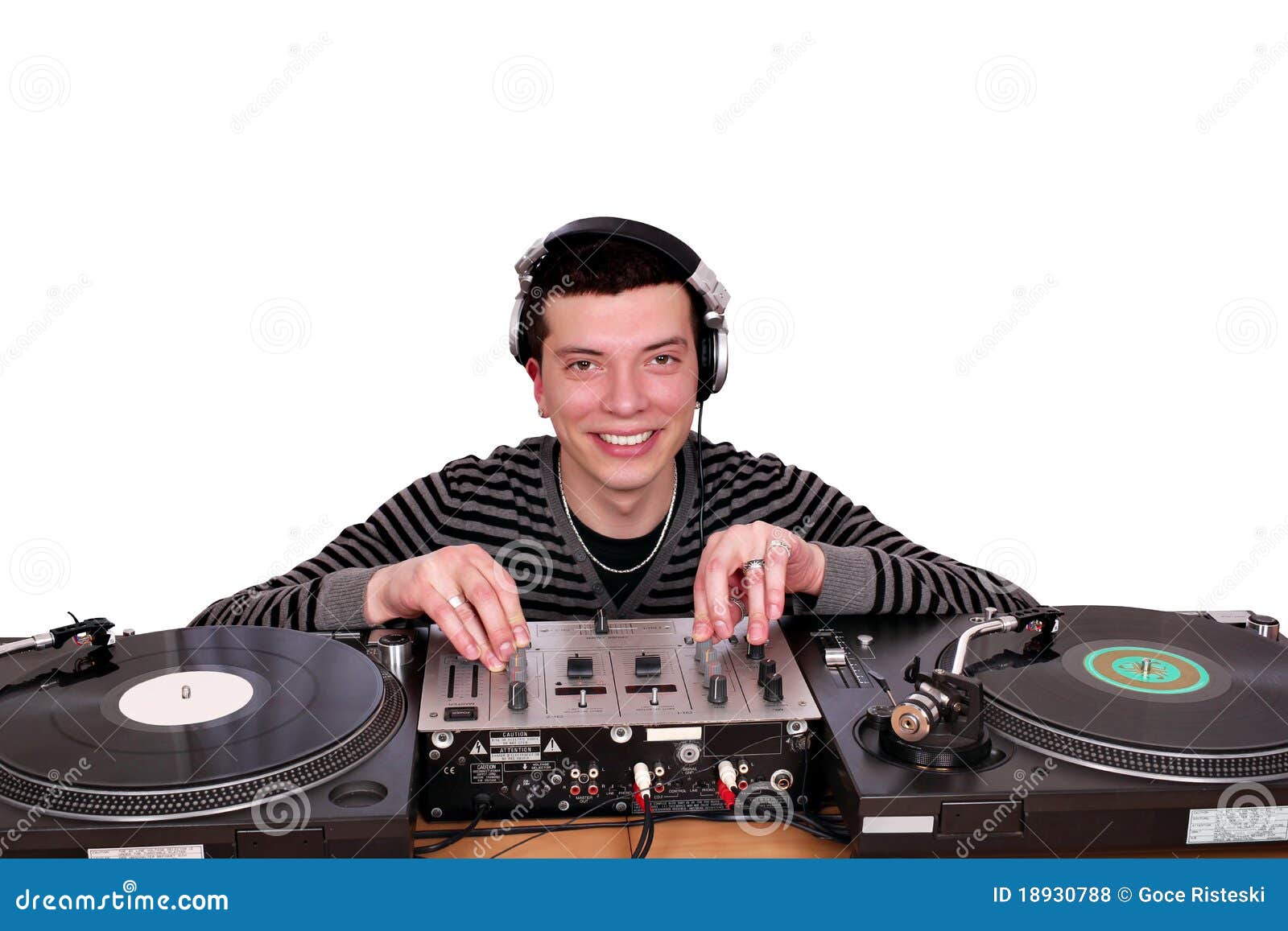 Dj with turntables posing stock photo. Image of player - 18930788