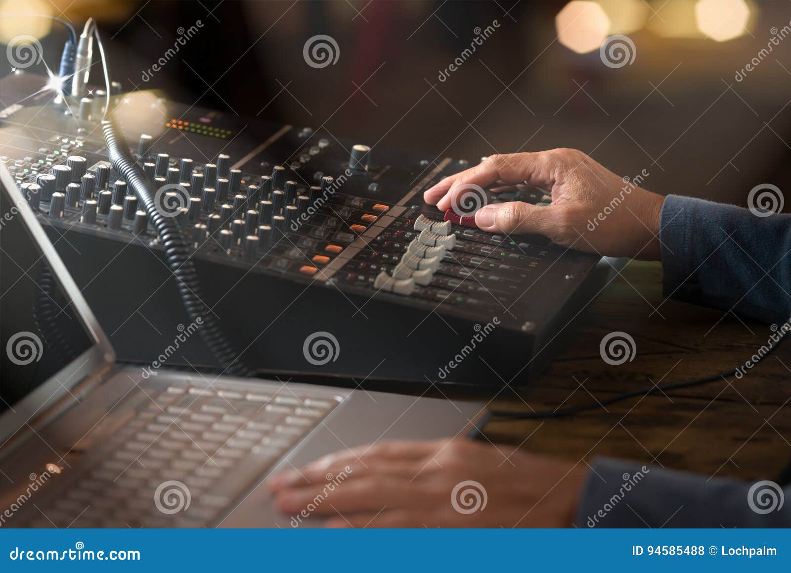 DJ Working at Radio Broadcasting Studio,hands Adjusting Volume . Stock ...