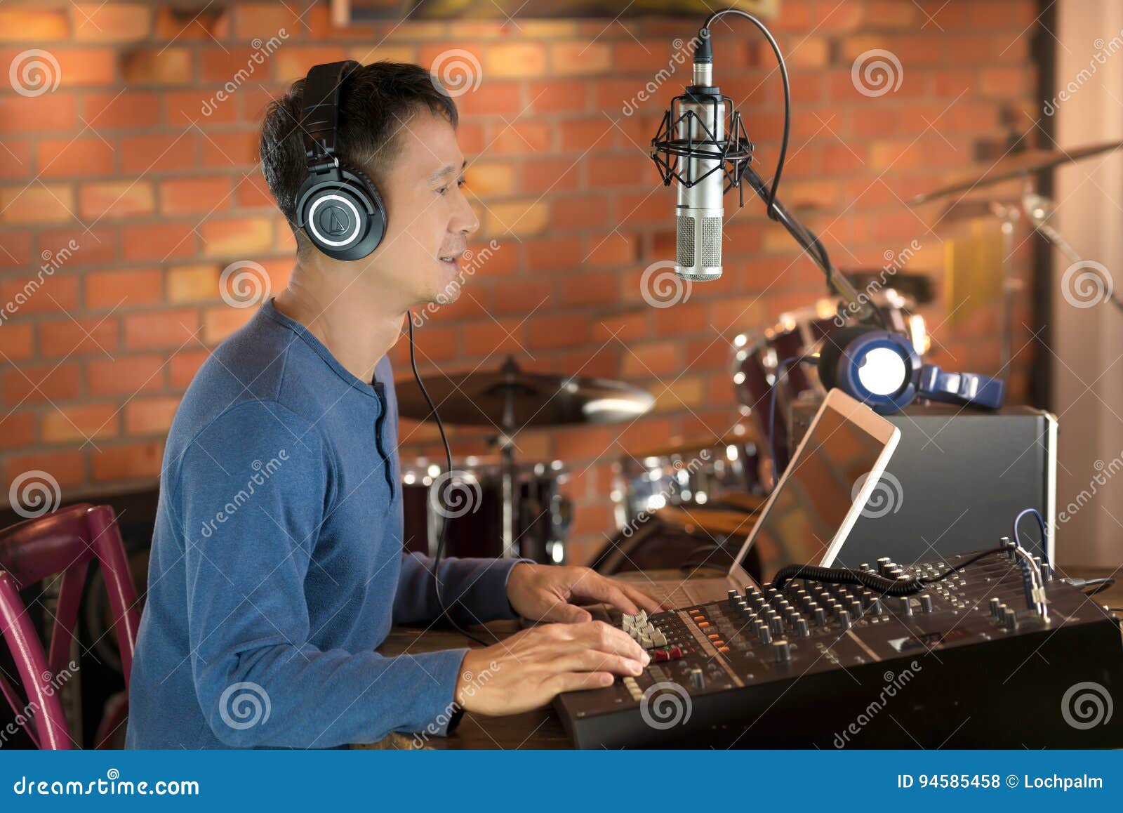 DJ Working at Radio Broadcasting Studio,hands Adjusting Volume. Stock ...