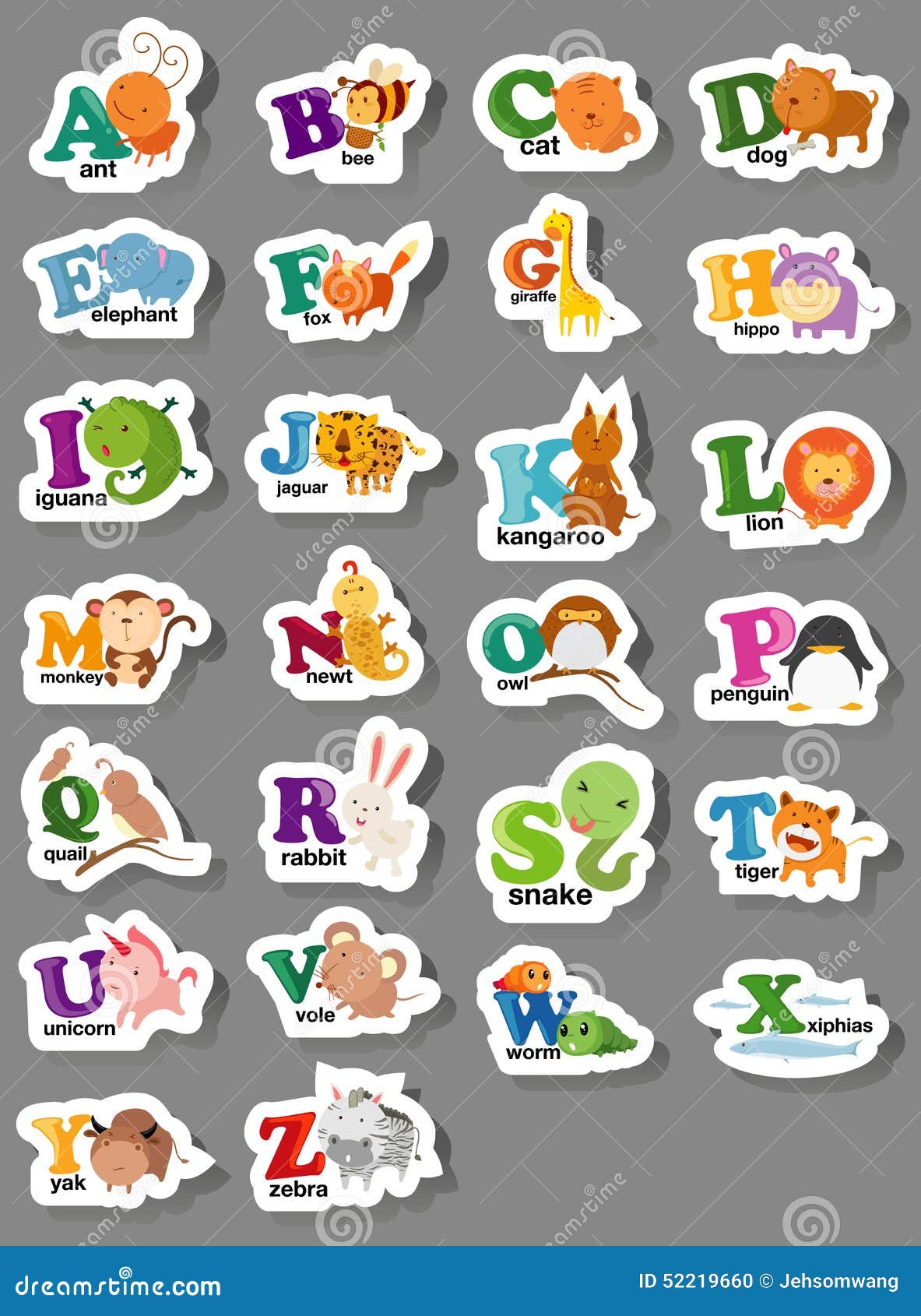 Djur alfabetbokstavsa-z vektor illustrationer. Illustration av känguru ...
