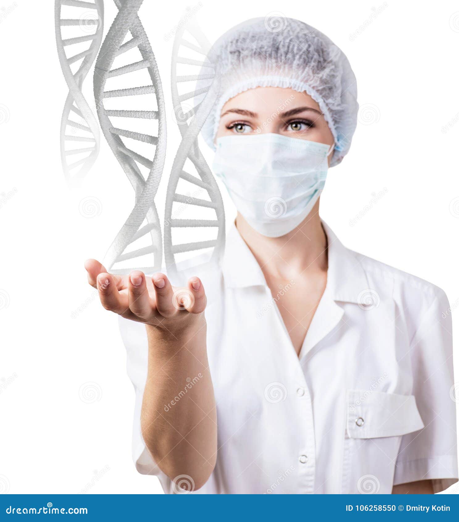DNA Chains Flows from Hand of Young Female Doctor. Stock Photo - Image ...