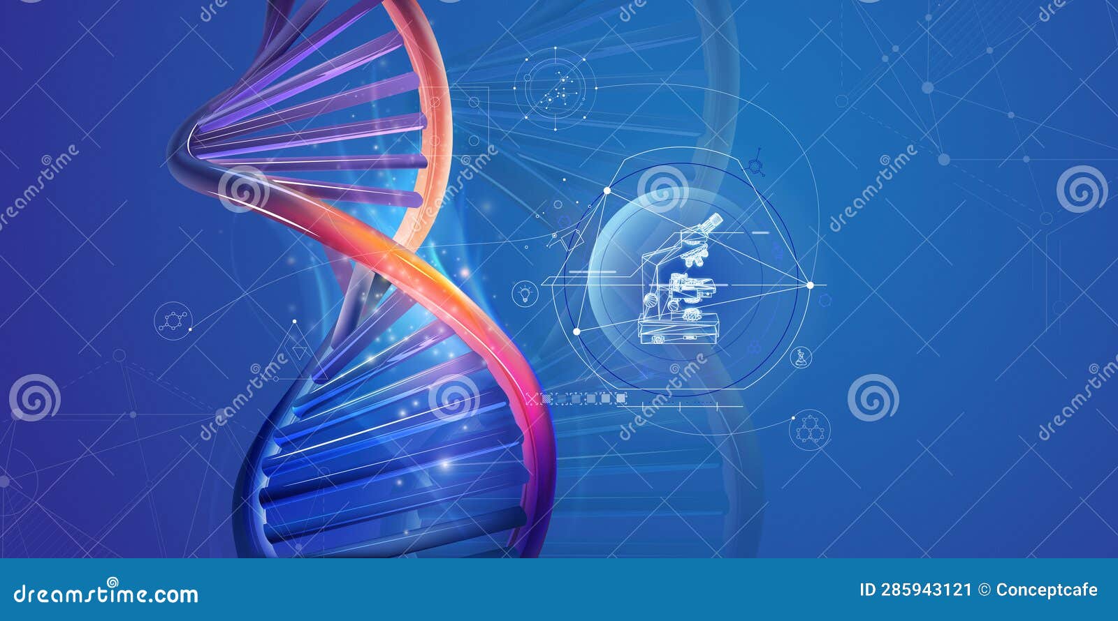 DNA Double Helix and Infographics with Microscope. Stock Image - Image ...