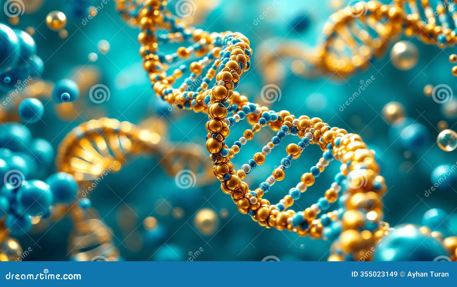 DNA Helix, Golden Structure, Blue Molecules, Hexagonal Grid, Reflective ...