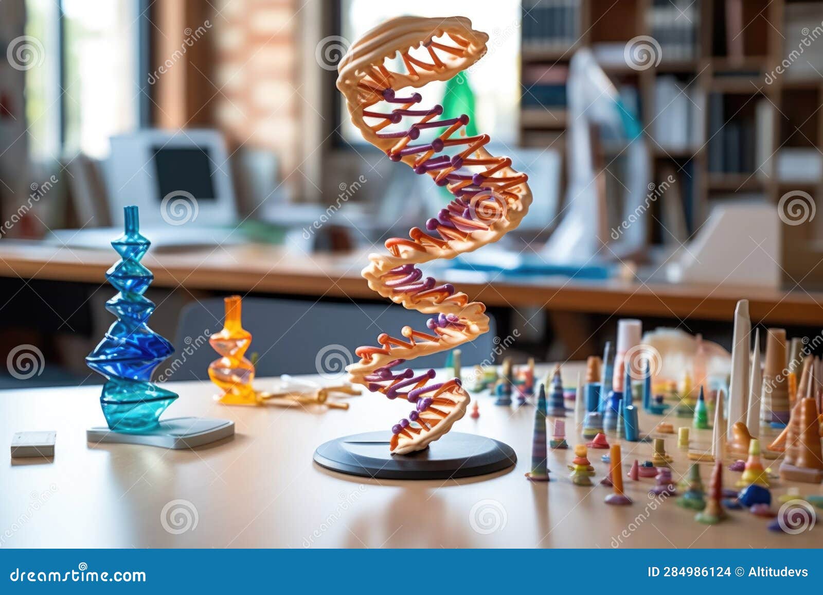 Dna Helix Model on a Lab Desk with Microscope Stock Illustration ...