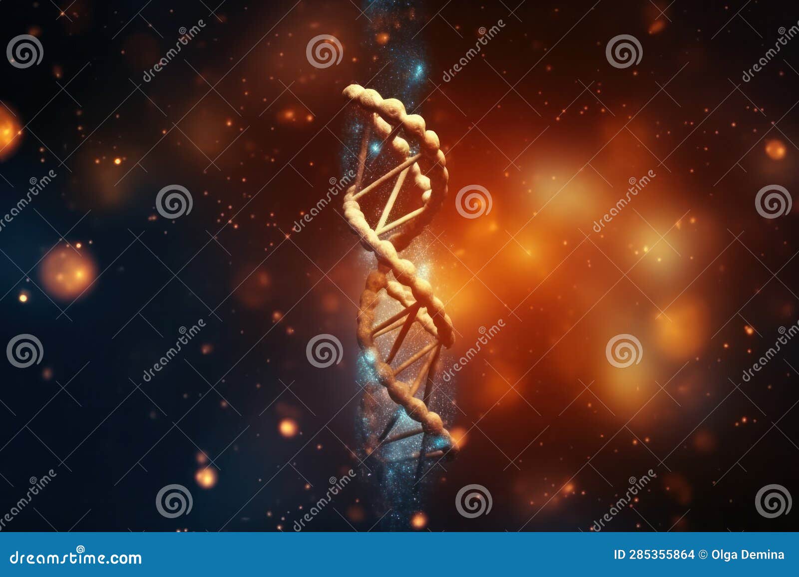 DNA Helix Realistic Model On Dark Background With Orange Lights Genome ...