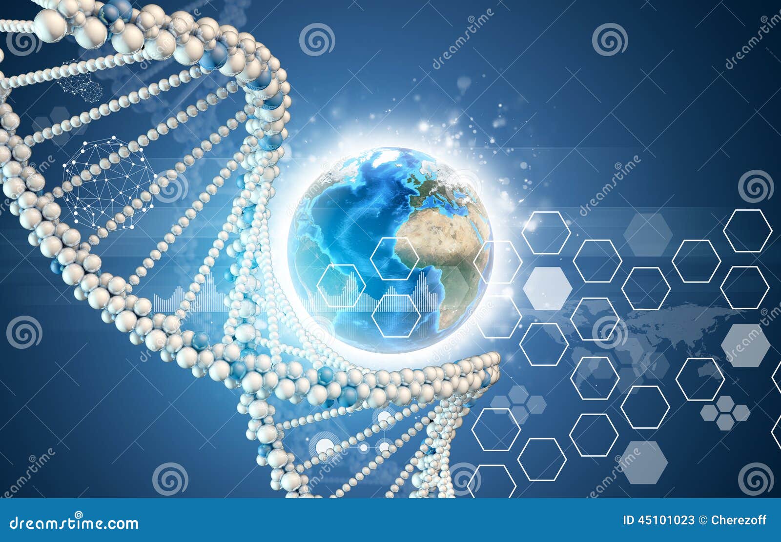 DNA Model and Earth with Hexagons Stock Illustration - Illustration of ...