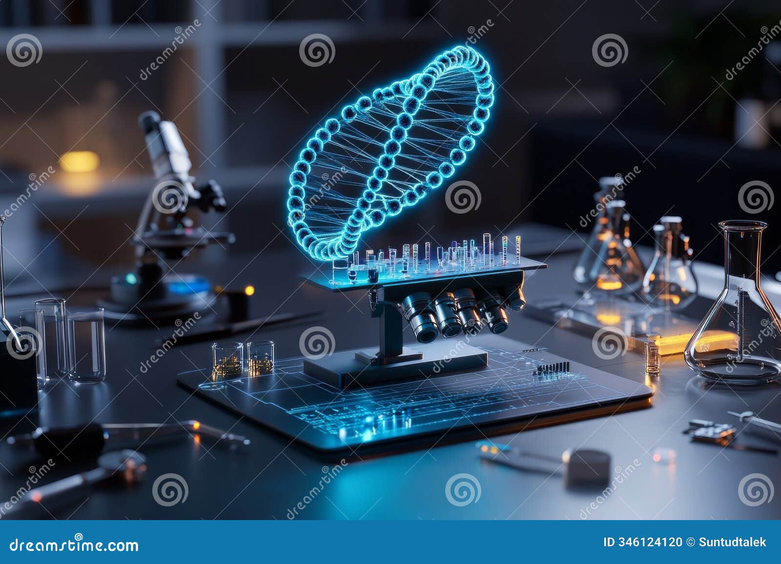 DNA Model on Microscope in Laboratory Setting Stock Illustration ...