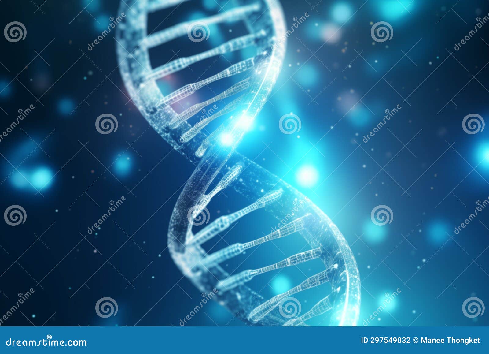 DNA Molecule Helix Spiral on Blue Background with Light and Bokeh, DNA ...