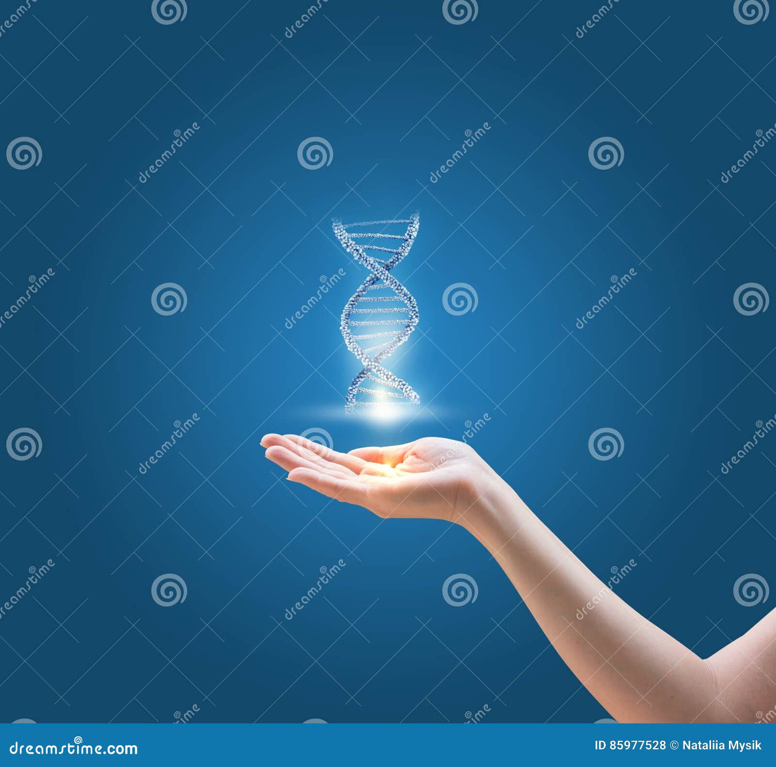 DNA Molecules in Hand on Blue Background. Stock Photo - Image of ...