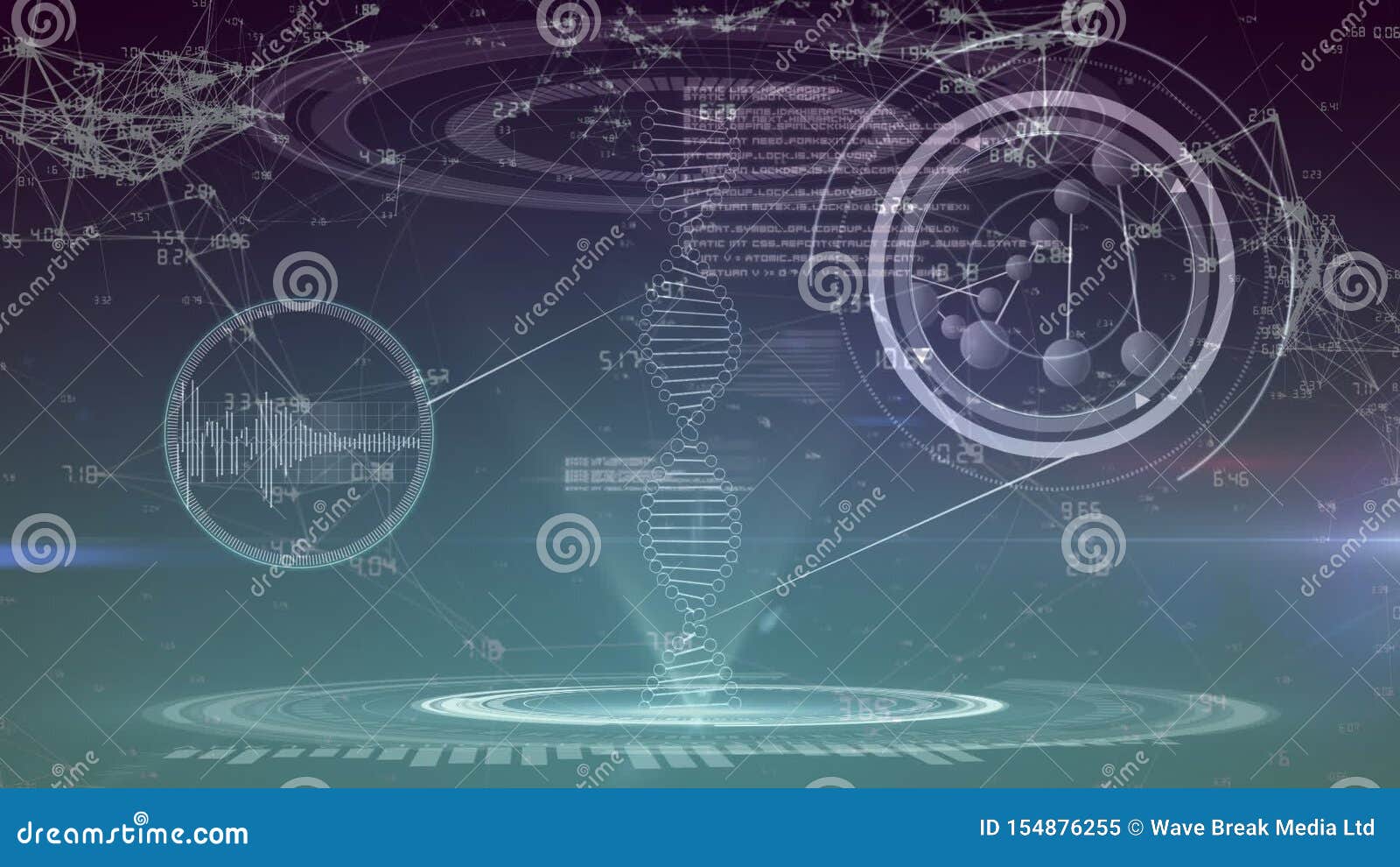 DNA with Pulsating Discs of Light and Data on a Dark Background Stock ...