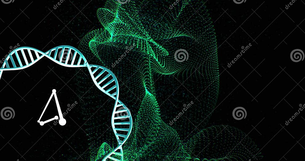 DNA Strand and Abstract Green Digital Waves, Scientific Data Processing ...