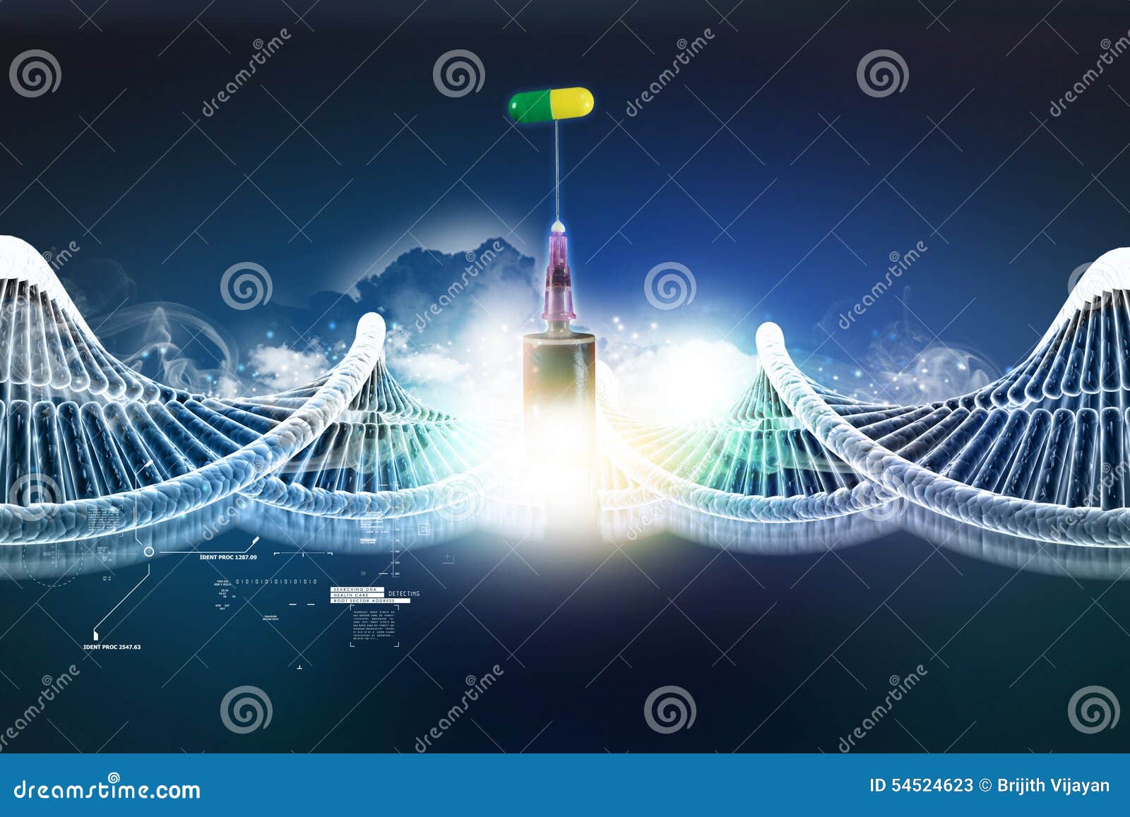 Dna Structure with Syringe and Capsule Stock Illustration ...