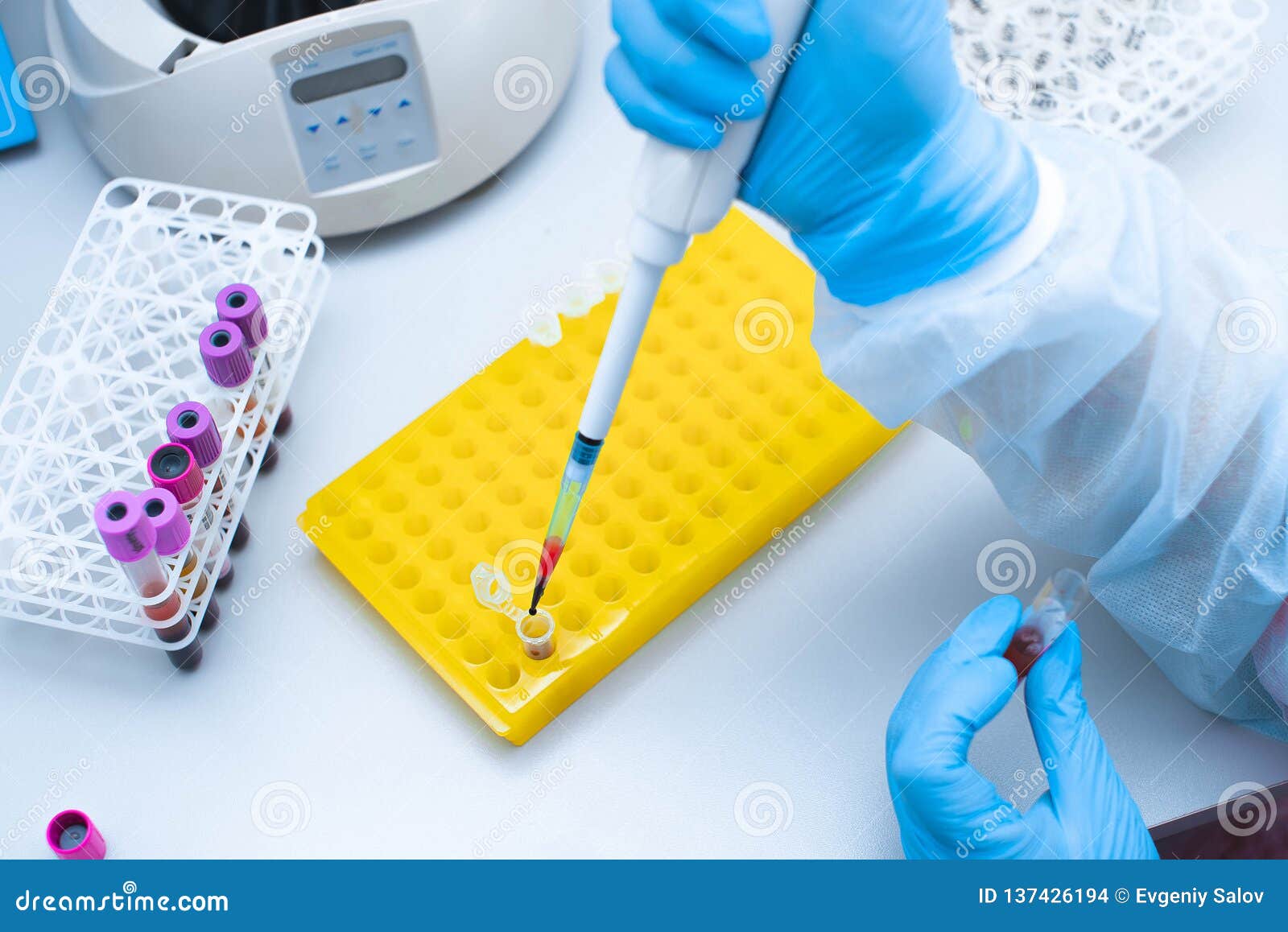 Dna Test in the Lab. Dispenser with Blood and Test Tubes Close-up Stock ...