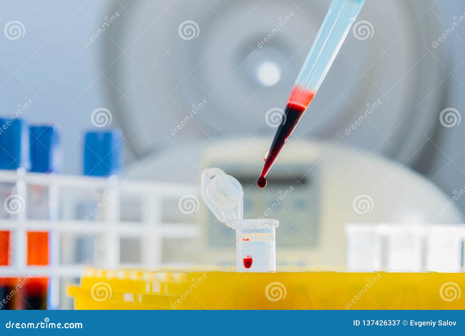 Dna Test in the Lab. Dispenser with Blood and Test Tubes Close-up Stock ...