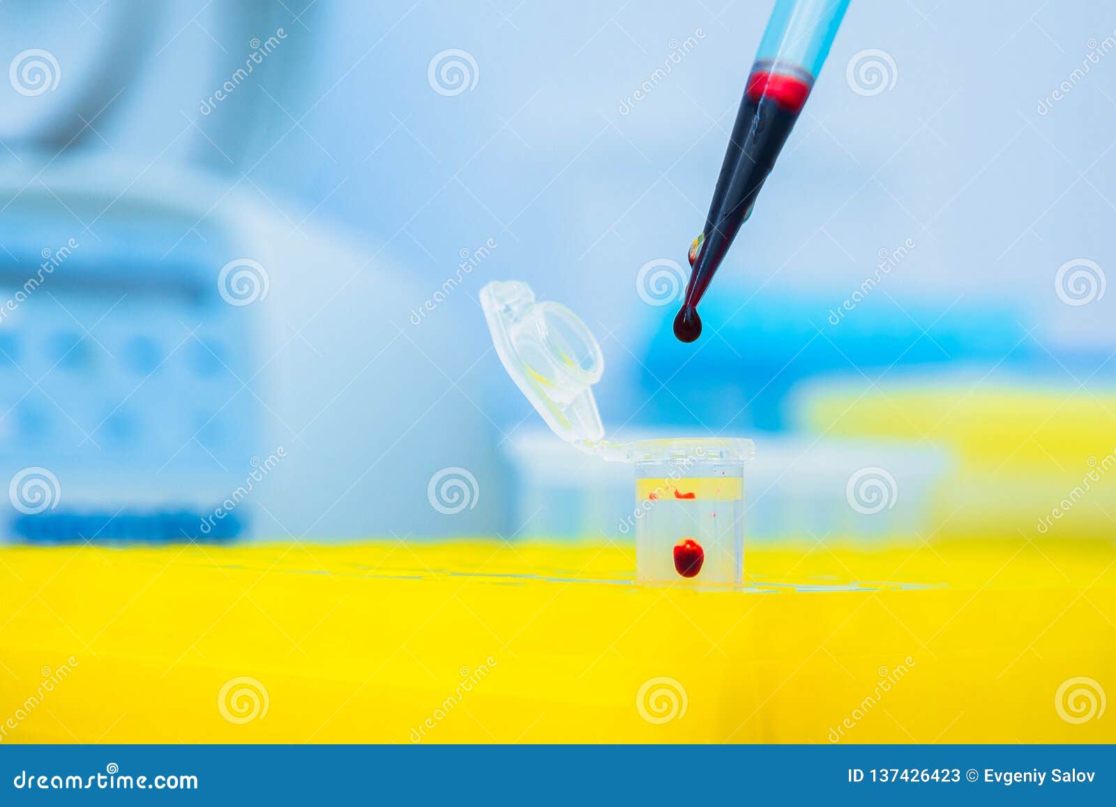 Dna Test in the Lab. Dispenser with Blood and Test Tubes Close-up Stock ...