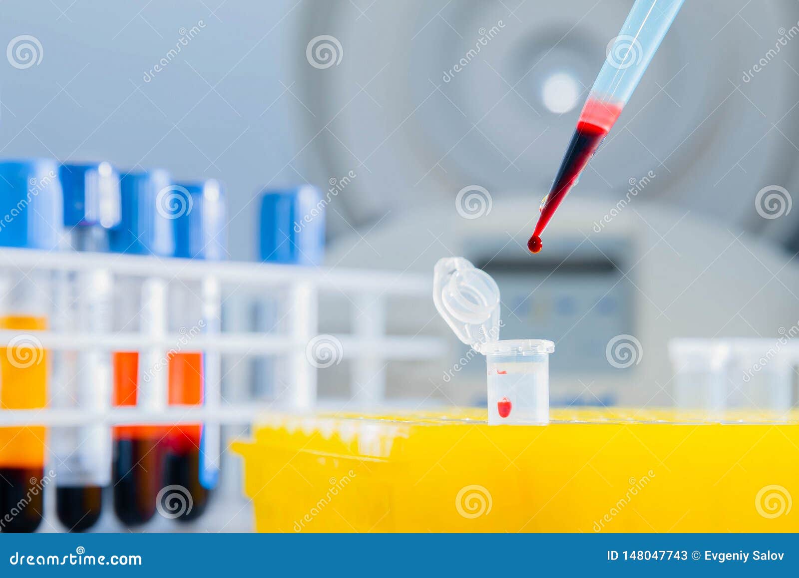 Dna Test in the Lab. Dispenser with Blood and Test Tubes Close-up Stock ...
