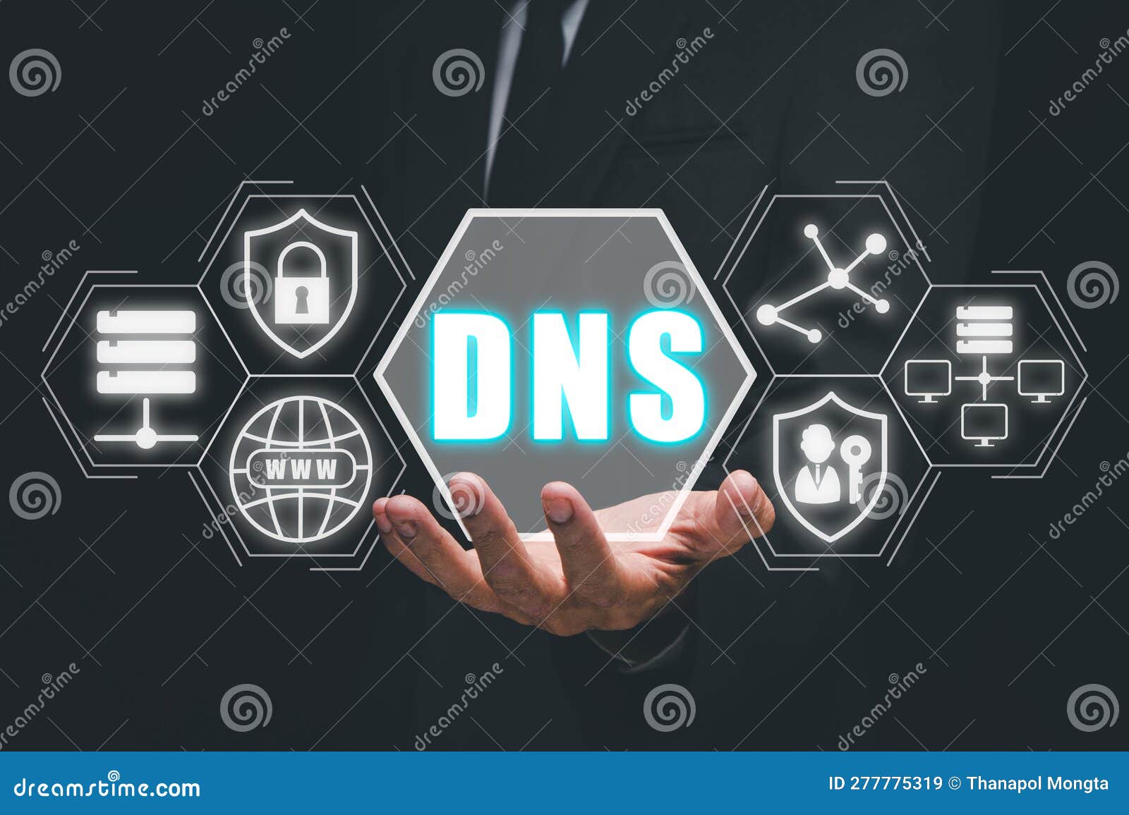 Person Hand Holding Domain Name System Server Icon on Virtual Screen ...