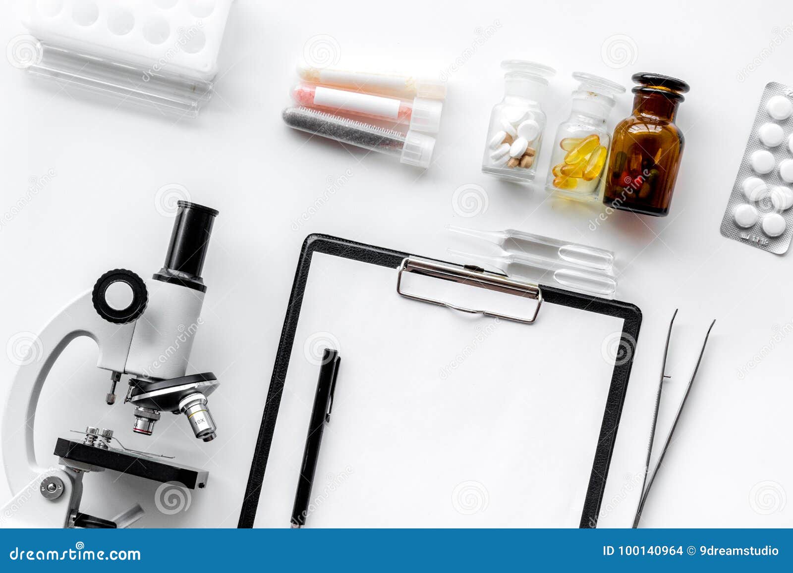 Do Medcal Tests. Microscope, Tablet, Pills and Test Tube on White ...