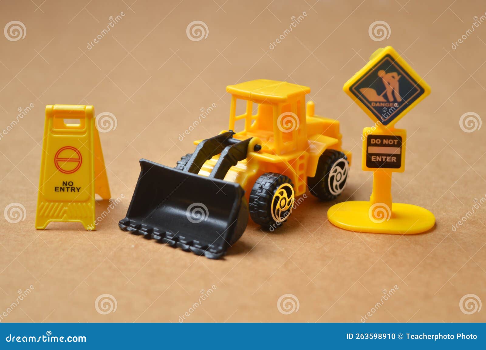 Do Not Enter and No Entry Warning Sign with Yellow Backhoe Loader Stock ...