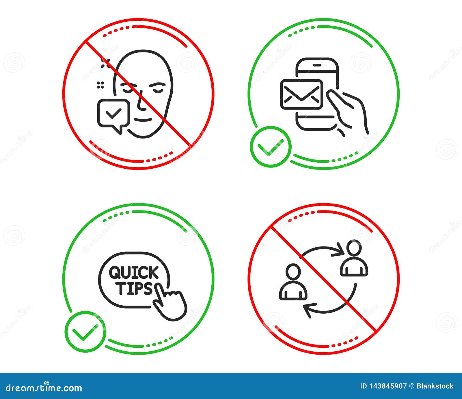 Face Accepted, Quick Tips and Messenger Mail Icons Set. User ...