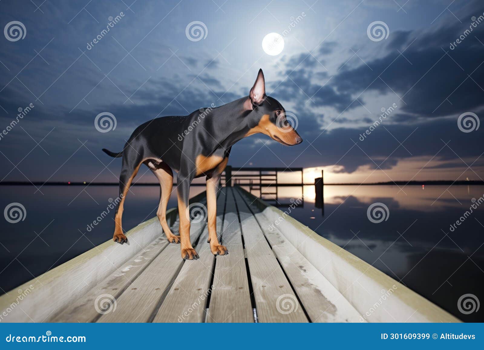 Doberman on Pier, Moonlight Path on Water Stock Image - Image of serene ...