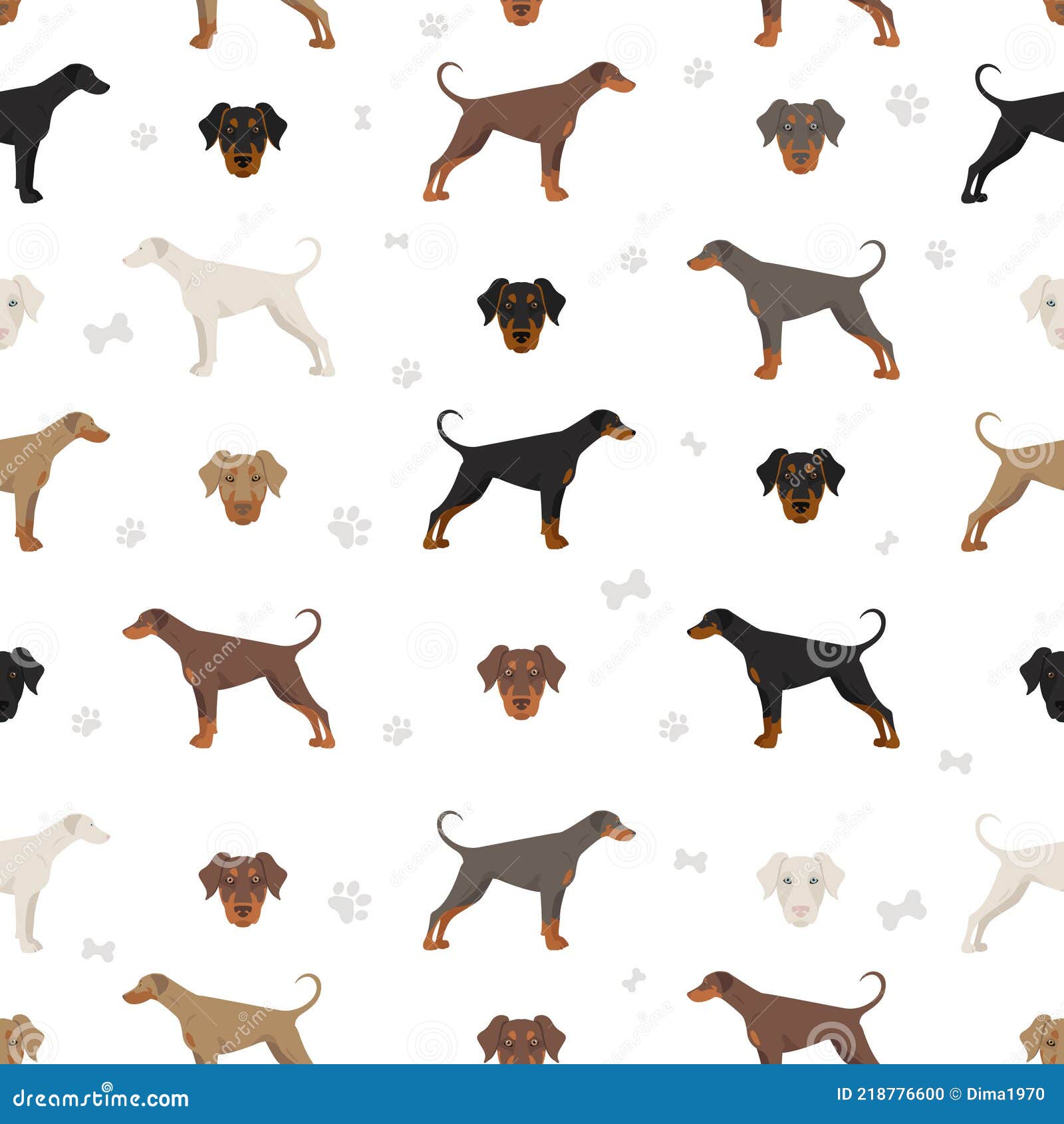 Doberman Pinscher Dogs Seamless Pattern. Different Poses, Coat Colors ...