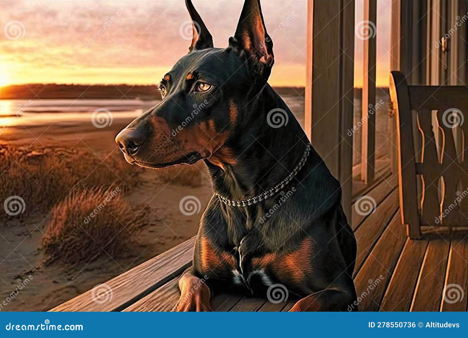Doberman Pinscher Sitting on Porch, with View of Sunset Stock ...