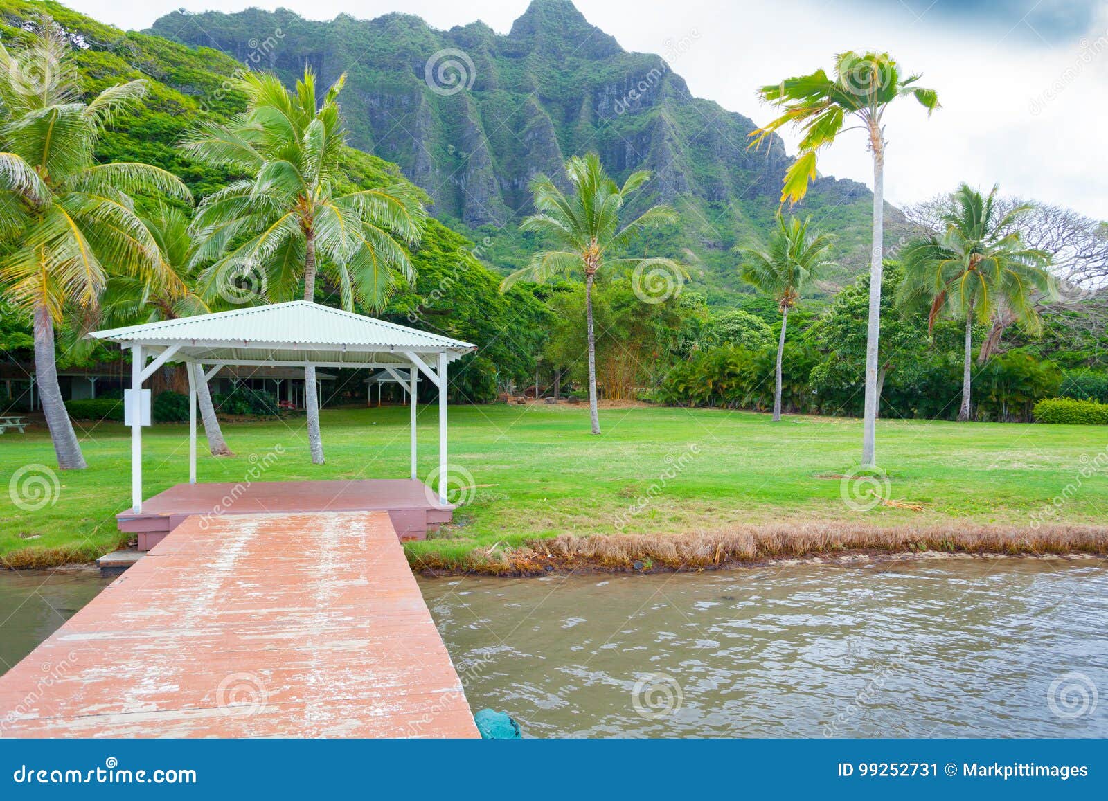 Dock on the Beach with Palm Tree and Pali Mountains Oahu Hawaii Stock ...