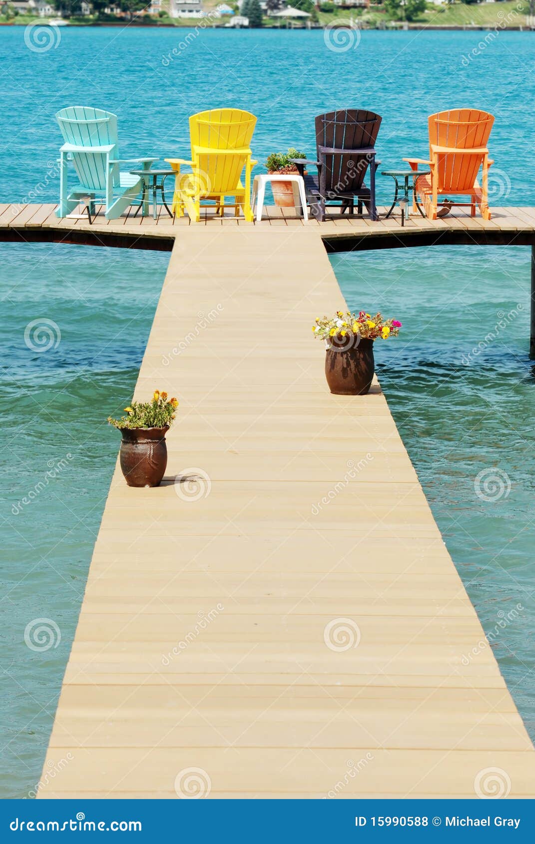 Dock with Colorful Adirondack Chairs Stock Photo - Image of relaxation ...