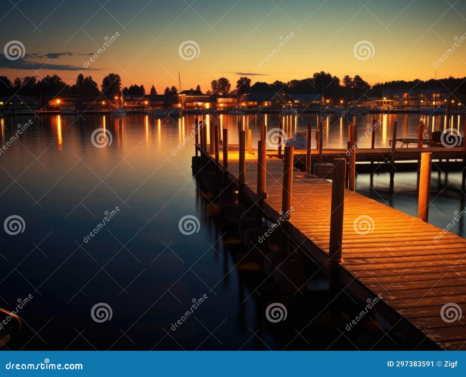 Dock at dusk on a lake stock illustration. Illustration of scene ...