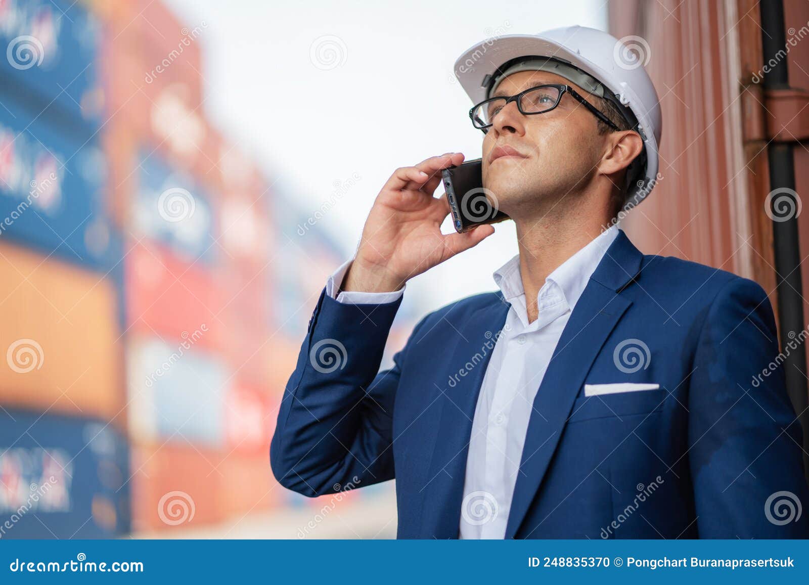 Dock Manager or Engineer Worker in Suit Standing in Shipping Container ...