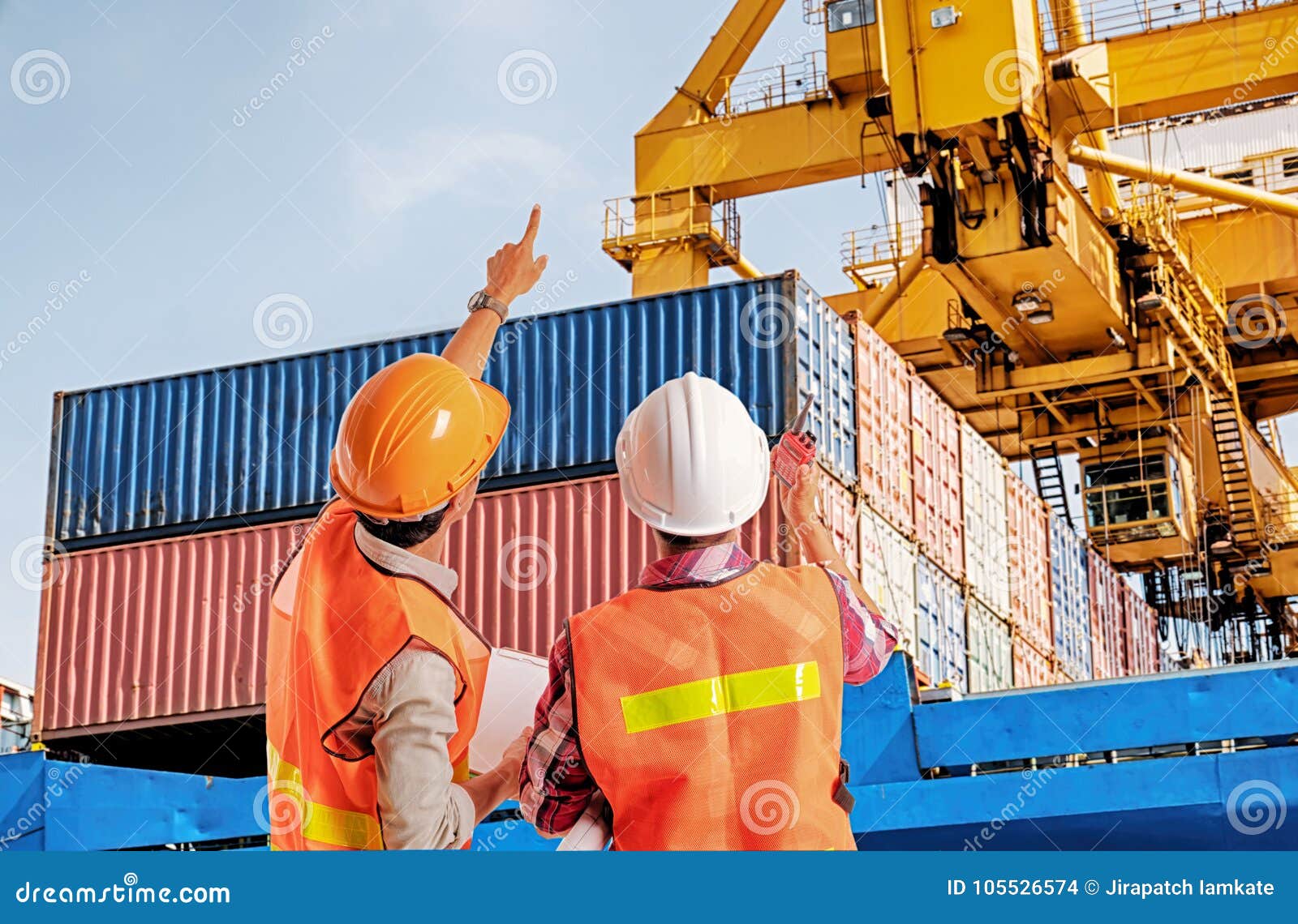 Dock Worker Pointing Finger on Control of Container Stock Photo - Image ...
