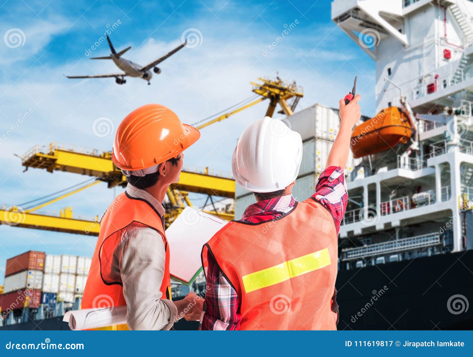 Dock Worker Pointing Finger on Control of Container Loading in a Stock ...