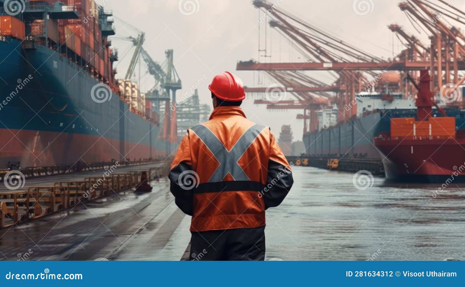 Dock Worker Standing at the Harbor Amidst Shipping Industry Activity ...