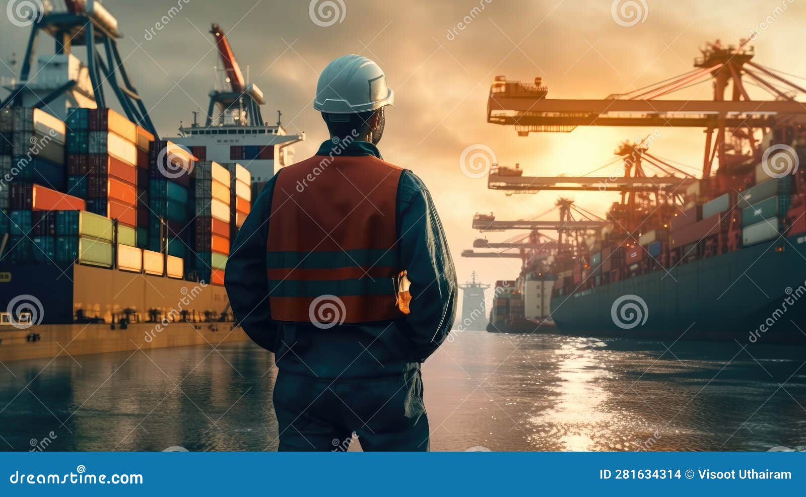 Dock Worker Standing at the Harbor Amidst Shipping Industry Activity ...