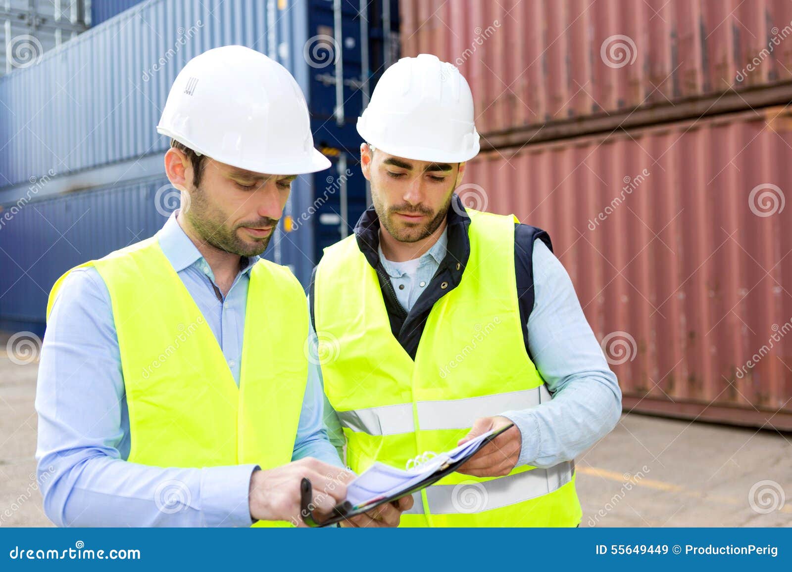 Dock Worker and Supervisor Checking Containers Data on Tablet Stock ...