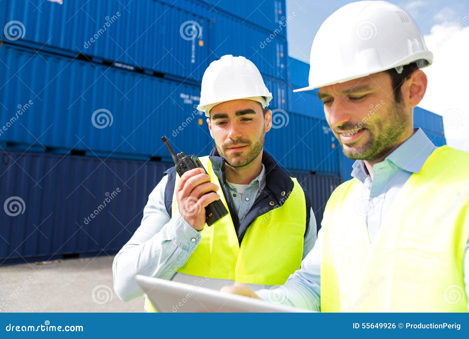 Dock Worker and Supervisor Checking Containers Data on Tablet Stock ...