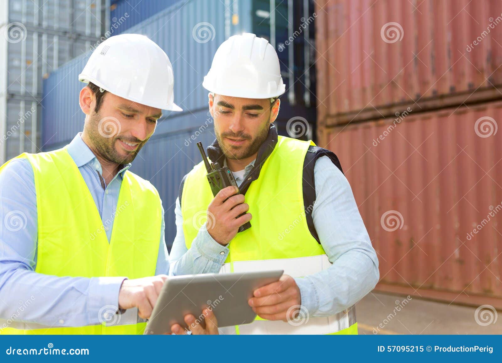 Dock Worker and Supervisor Checking Containers Data on Tablet Stock ...