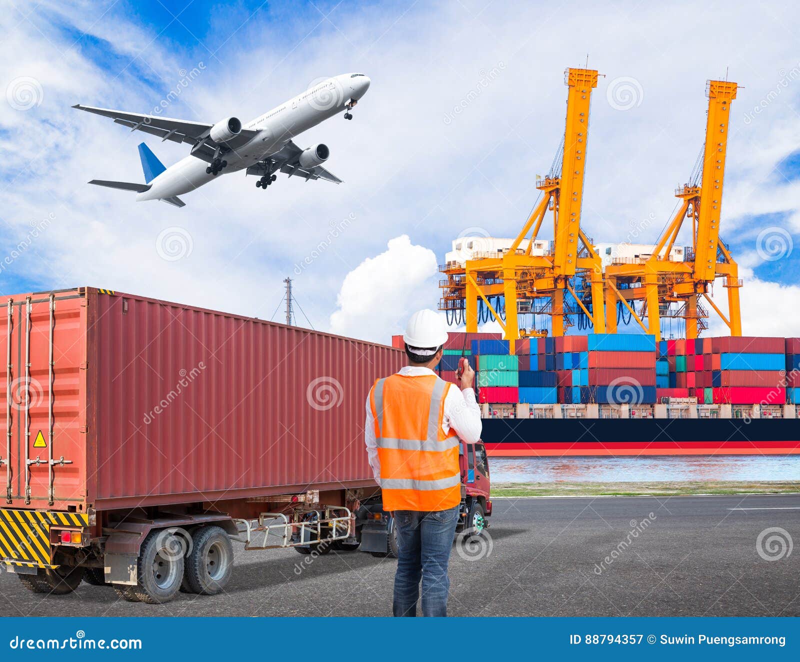 Dock Worker Talking On The Walkie-talkie For Controlling Loading ...
