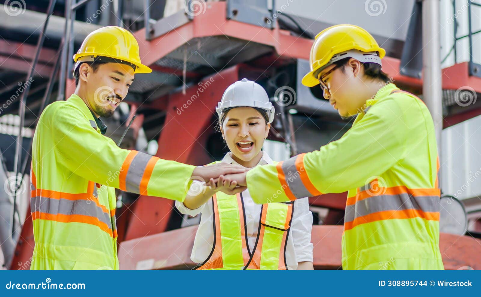 Dock Workers Stand with Their Hands Together in the Container Terminal ...