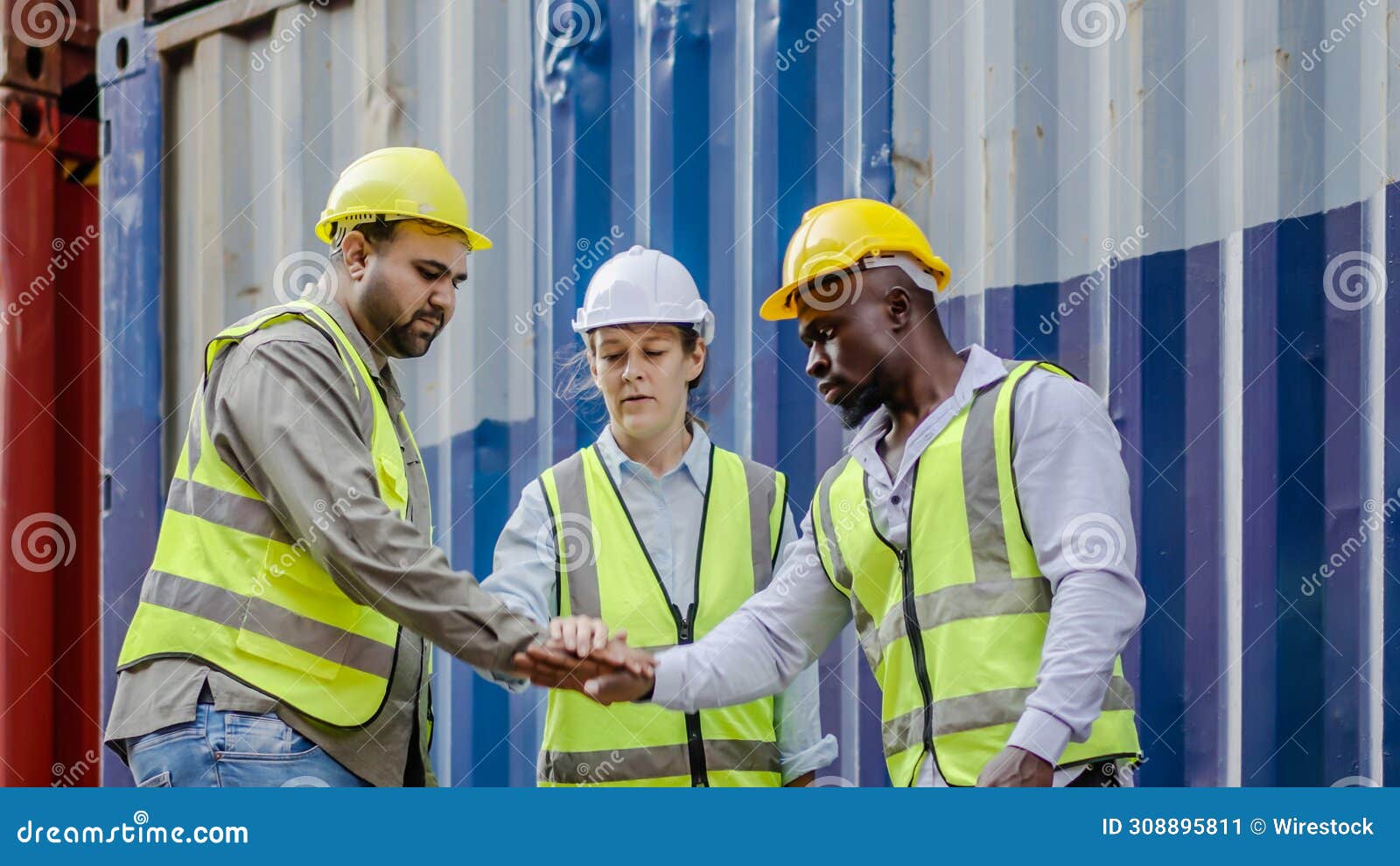 Dock Workers Stand with Their Hands Together in the Container Terminal ...