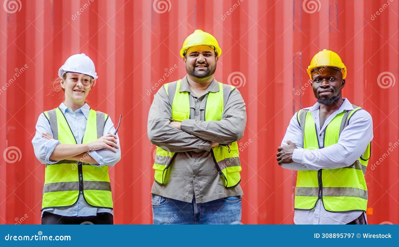 Dock Workers Standing in Front of a Red Container in a Logistics ...