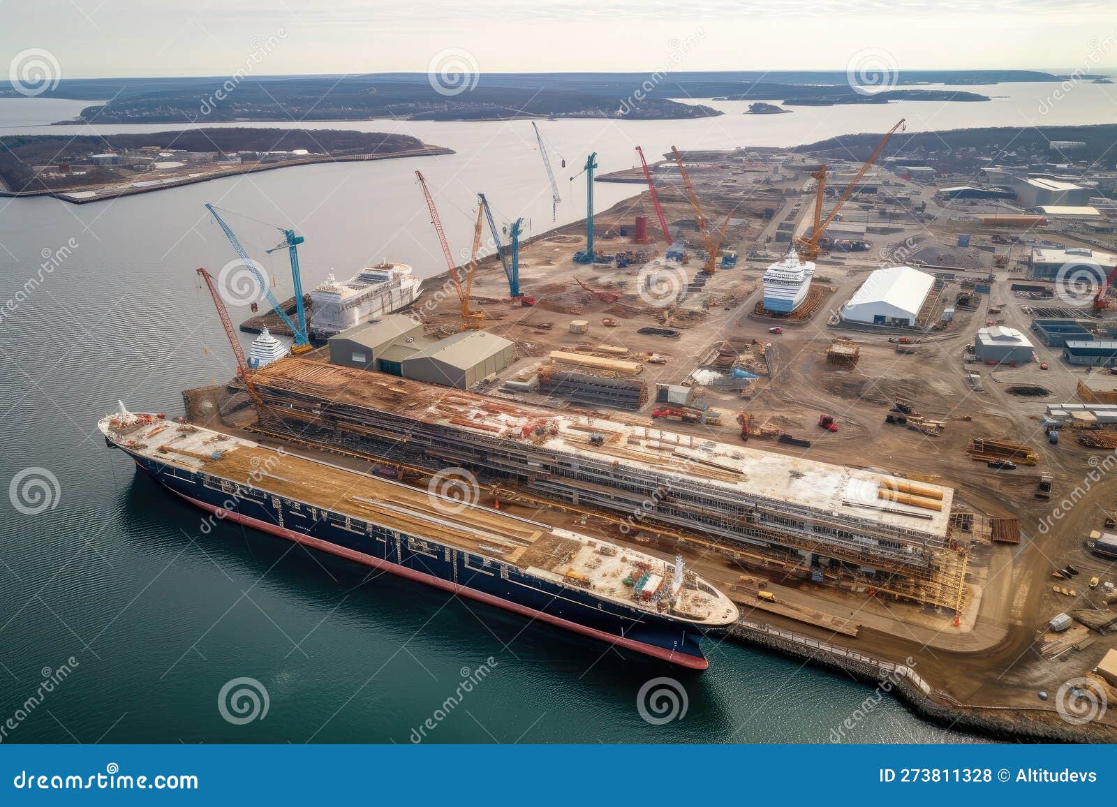 Dockyard with View of Ship Under Construction, Seen from Above Stock ...