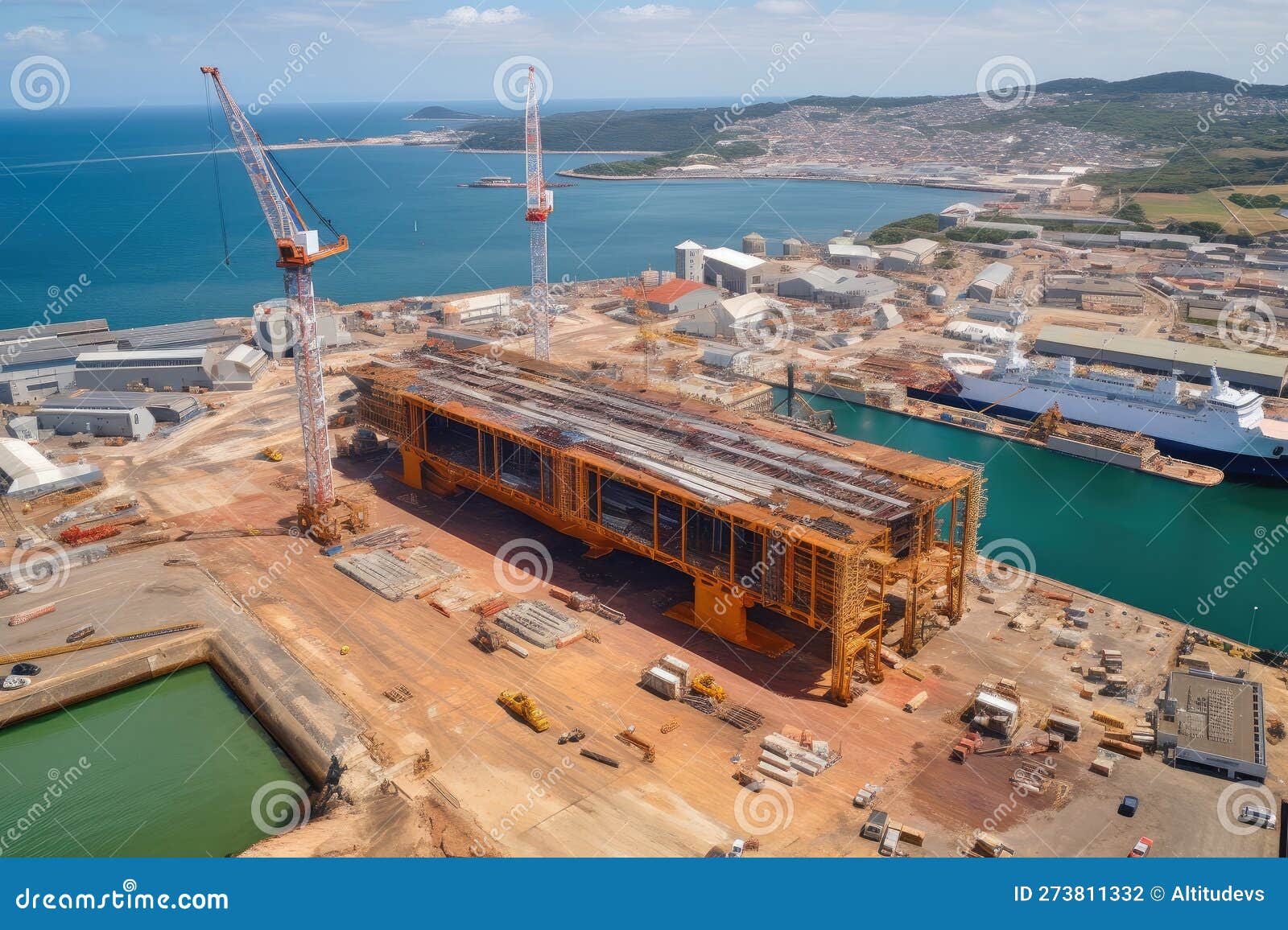 Dockyard with View of Ship Under Construction, Seen from Above Stock ...