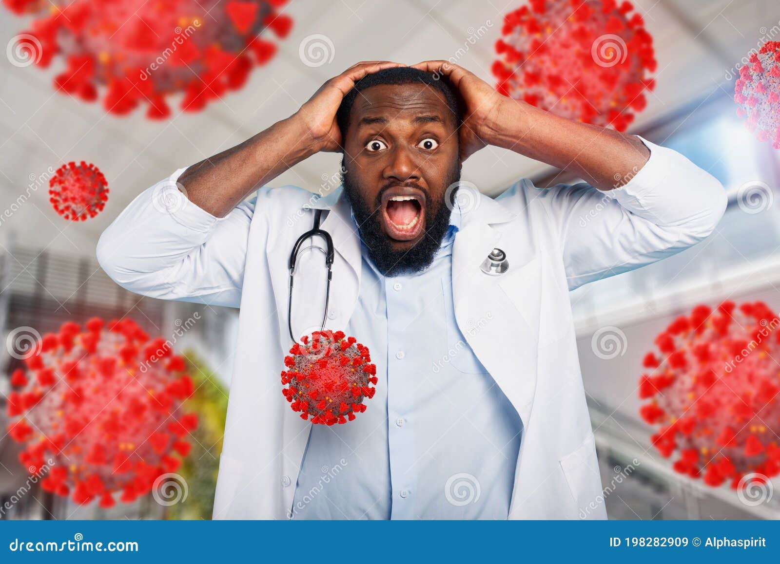 Doctor is Afraid Due To Codiv19 Virus Attack. Cyan Background Stock ...