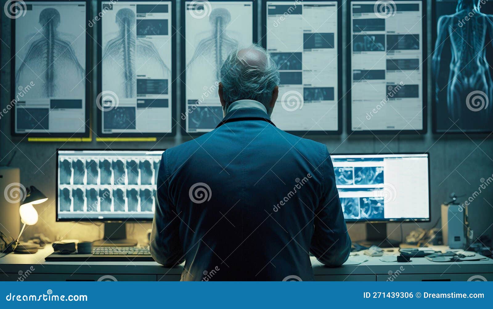 A Doctor Analyzing X-Ray and MRI Results on Multiple Screens ...