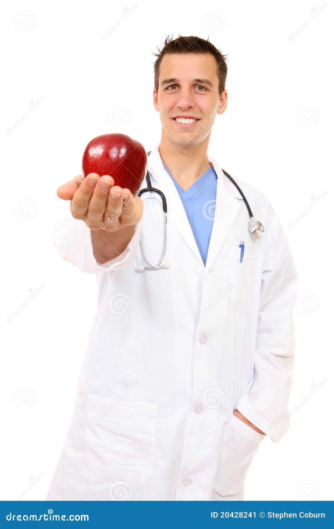 Doctor with Apple (Focus on Face) Stock Image - Image of intern, form ...