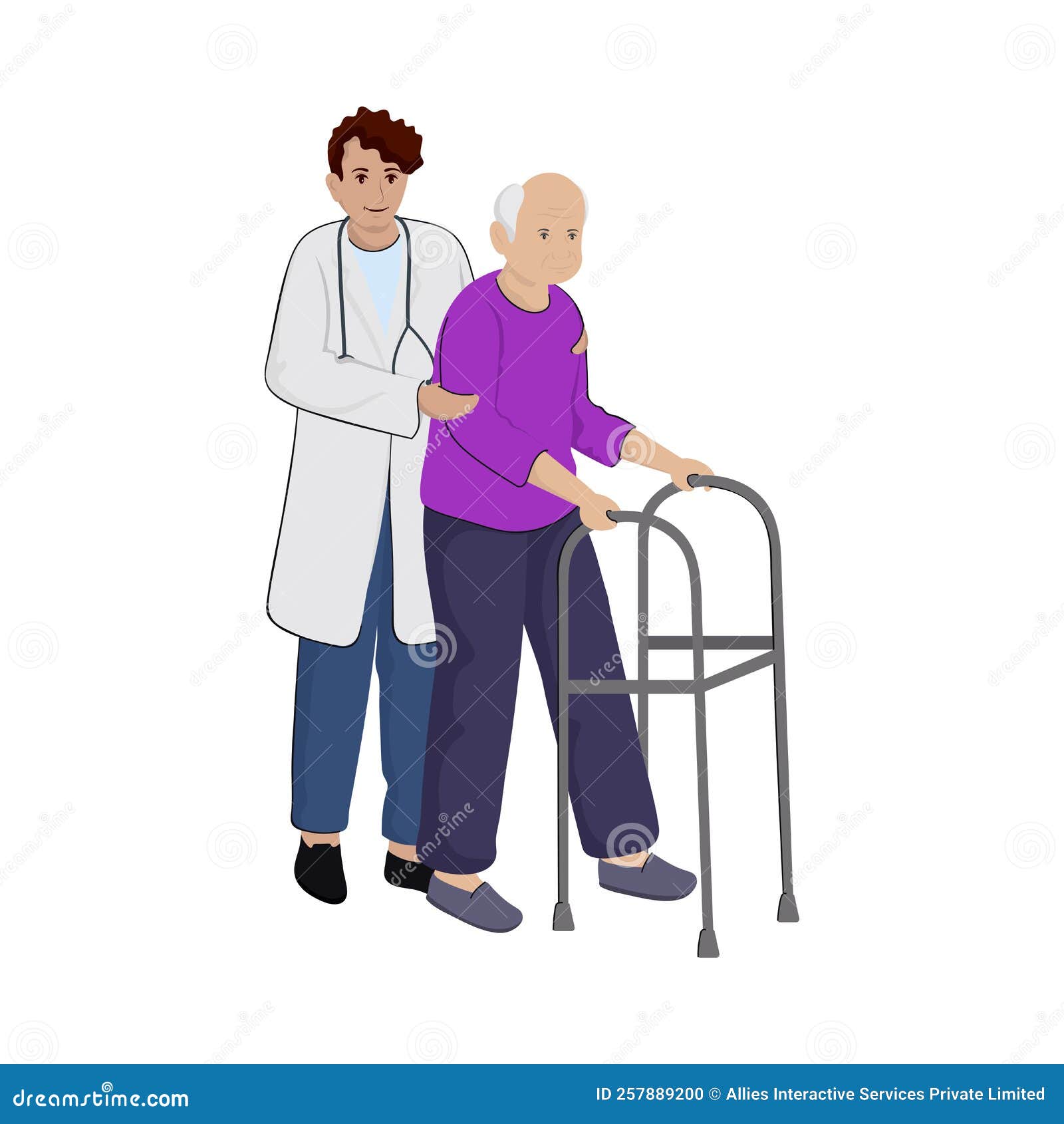 Doctor Assisting Old Man on a Walker Against White Stock Illustration ...